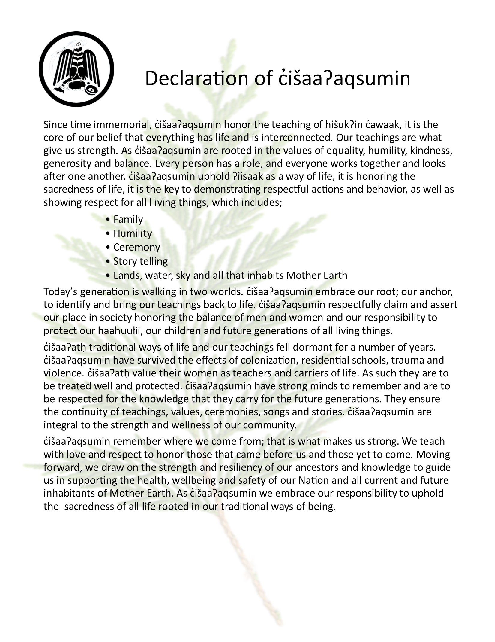 Tseshaht First Nation | Declaration of c̓išaaʔaqsumin